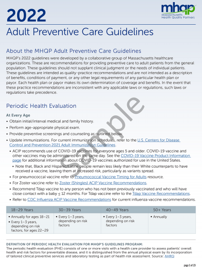 Adult Preventive Care Guidelines - MHQP - Collaborative Patient Engagement