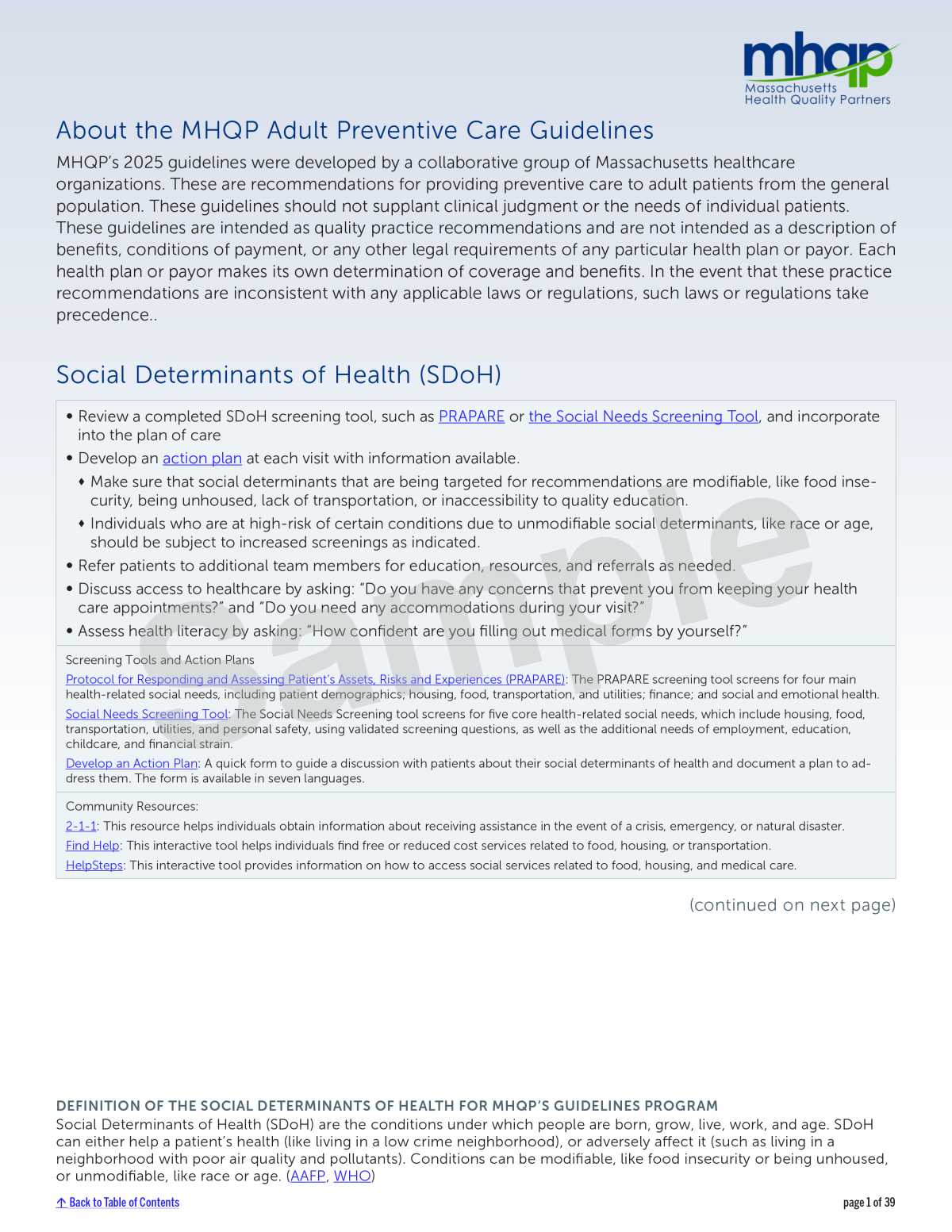 Adult Preventive Care Guidelines - MHQP - Collaborative Patient Engagement